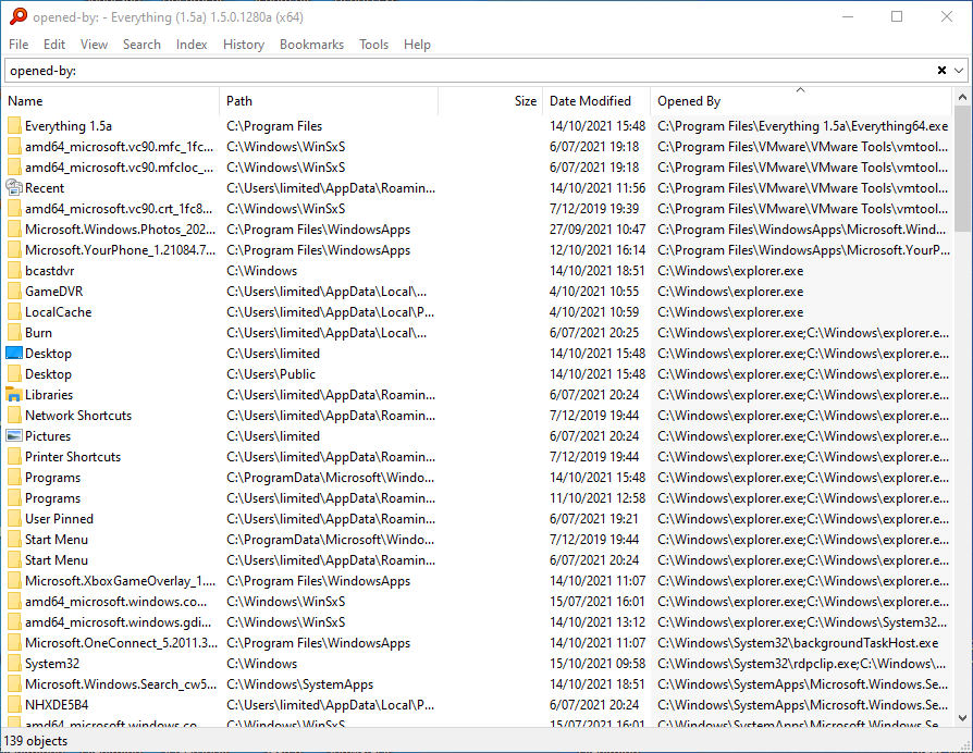 Where is the "opened by" property? - voidtools forum